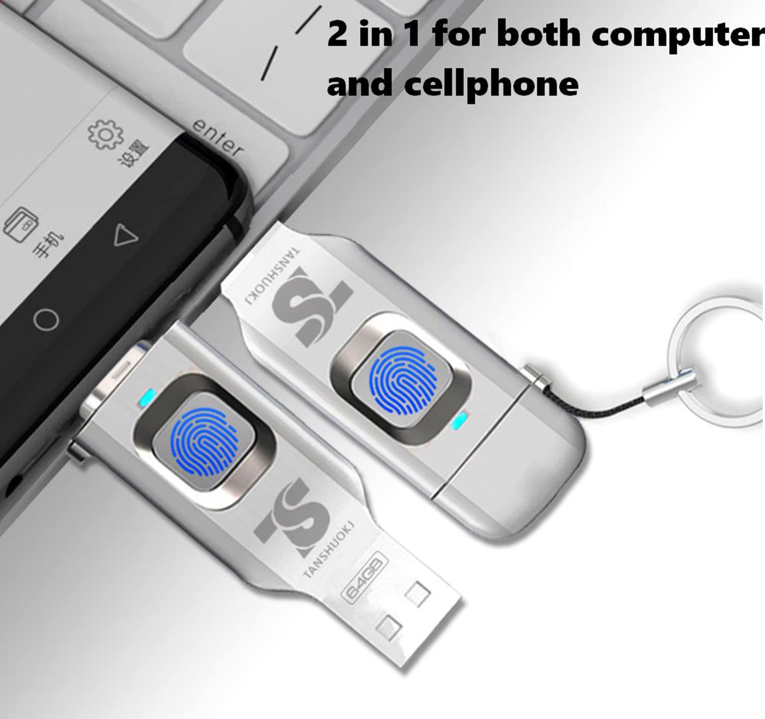 Fingerprint USB3.0 Flash Drive Encrypted 64G Memory Stick Pen Zip Drive Biometric Security Protection 2-in-1 Thumb Drive for PC Smartphone Laptop.