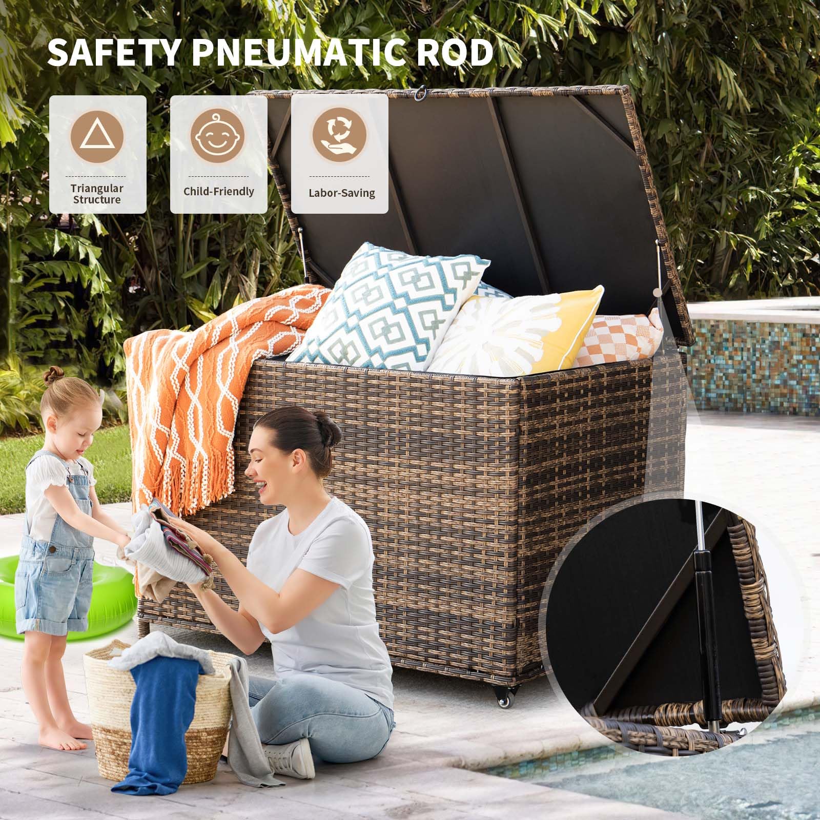 MEISSALIVVE 178 Gallon Outdoor Storage Box, Patio Deck Box with 2 Wheels, Handle Large Portable Wicker Rattan Deck Box for Patio Furniture Cushions, Throw Pillows, Garden Tools and Pool Floats (Brown)