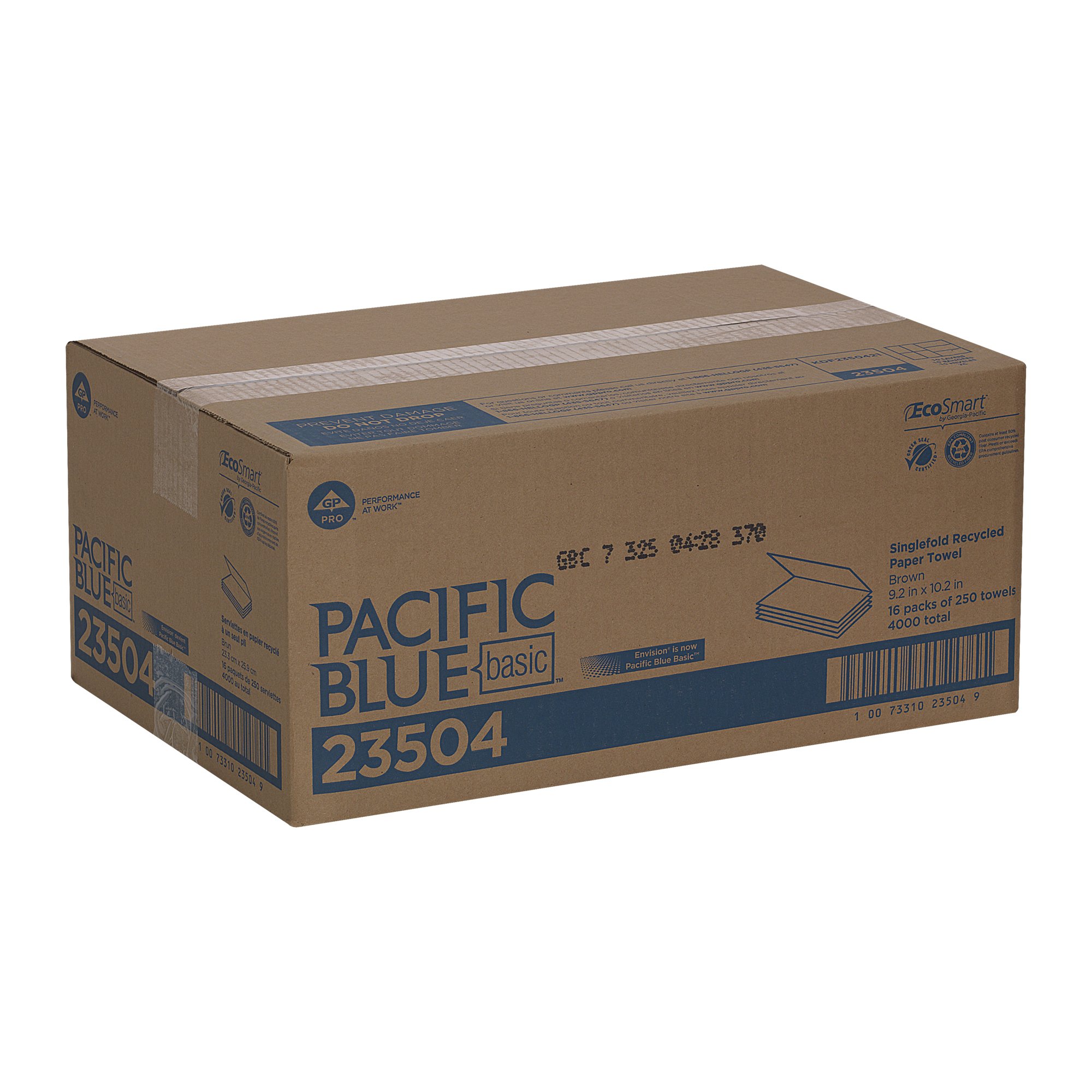 Pacific Blue Basic S-Fold Recycled Paper Towels by GP PRO (Georgia-Pacific); Brown; 23504; 250 Towels Per Pack; 16 Packs Per Case (4000 Total); 9.20" x 10.27