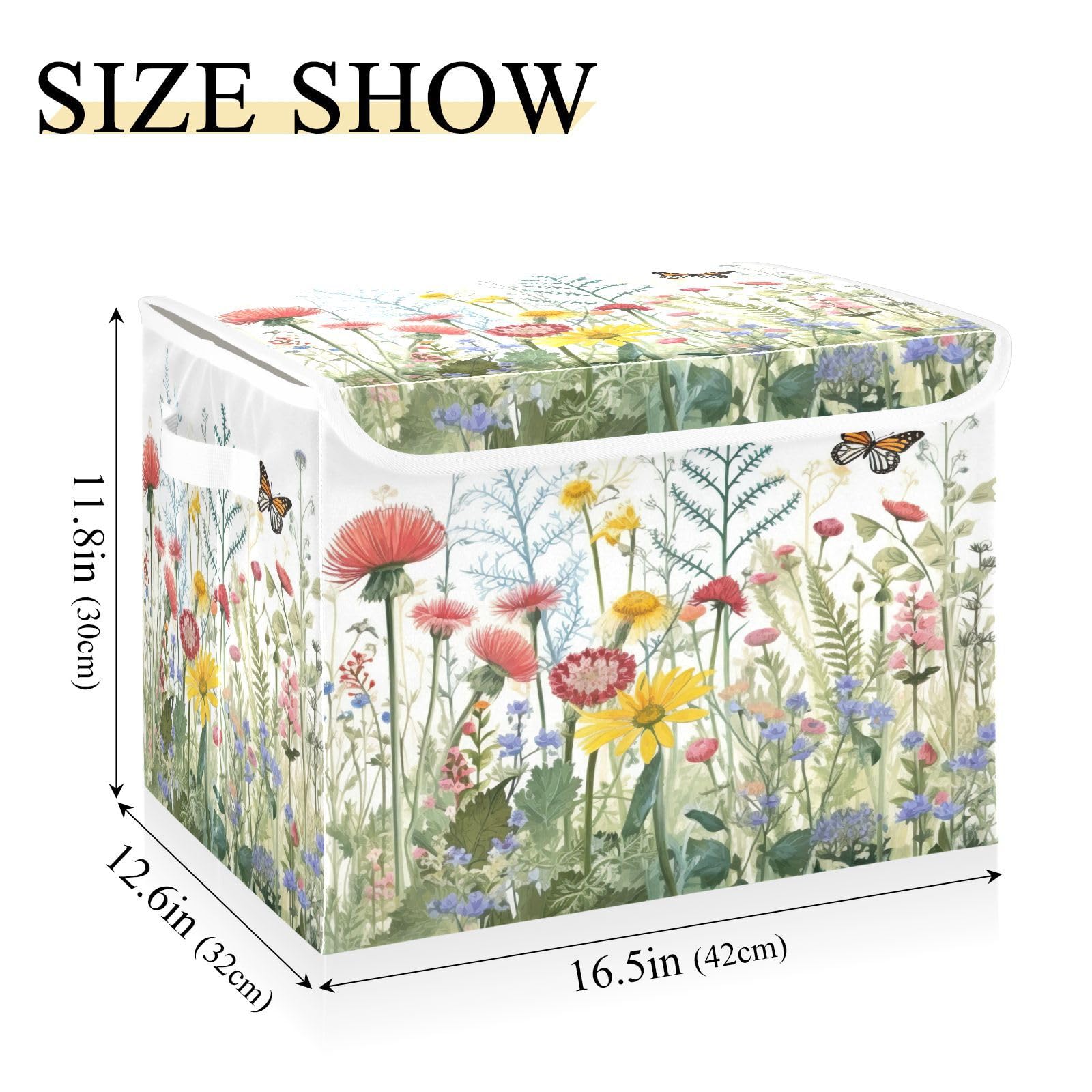 KEEPREAL Wildflowers Butterfly Storage Basket Bin with lid, Large Cube Storage Box Collapsible Storage Organizer for Home Office Closet - 16.5 L x 12.6 W x 11.8 H(51)