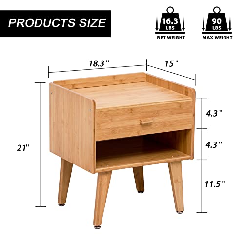 Nightstand Mid-Century Modern Bedside Table with Drawer, Small Nightstand with Adjustable Foot Pad for Bedroom, Recyclable Bamboo (Natural Bamboo)