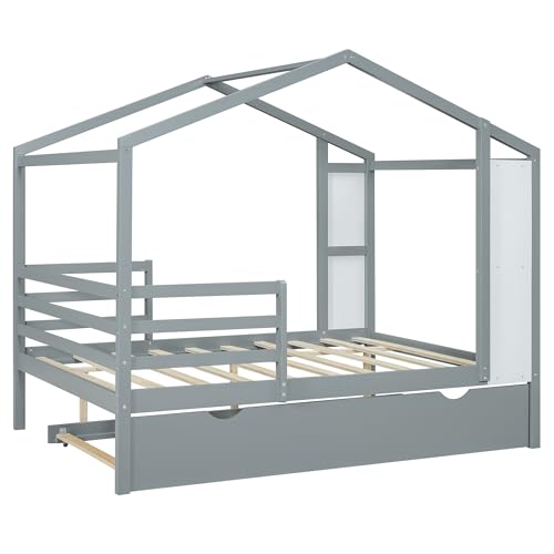 Full Size House Bed with Trundle, Full Bed with Trundle Wood Full Bed Frame with Fence, Writing Board, Montessori Bed Frame with Trundle Bed Full kids Bed Frame for Kids, No Box Spring Need, Grey