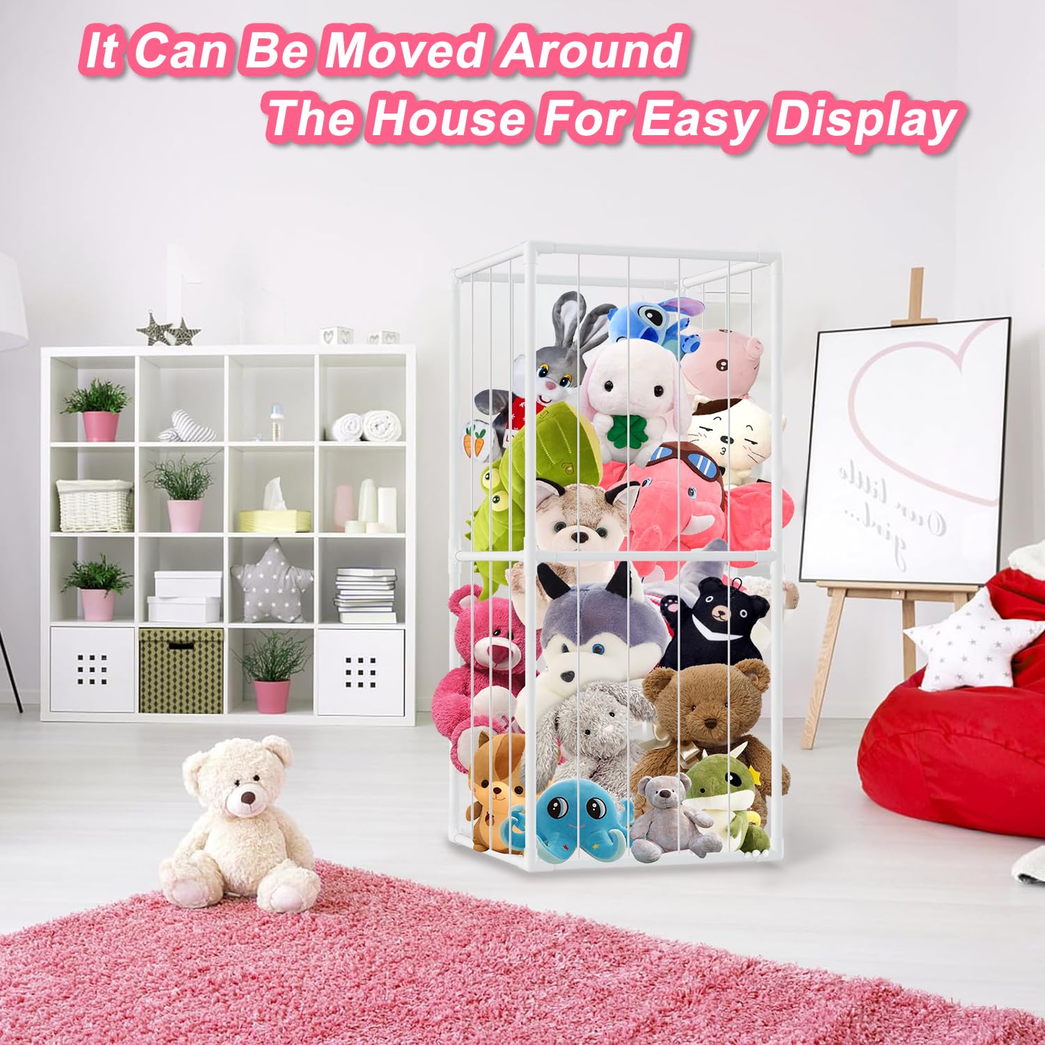 Tobbo Large Stuffed Animal Storage Zoo,Kids Toy Storage Organizer with 8 Hangers, Organizer Shelves and Nets in White