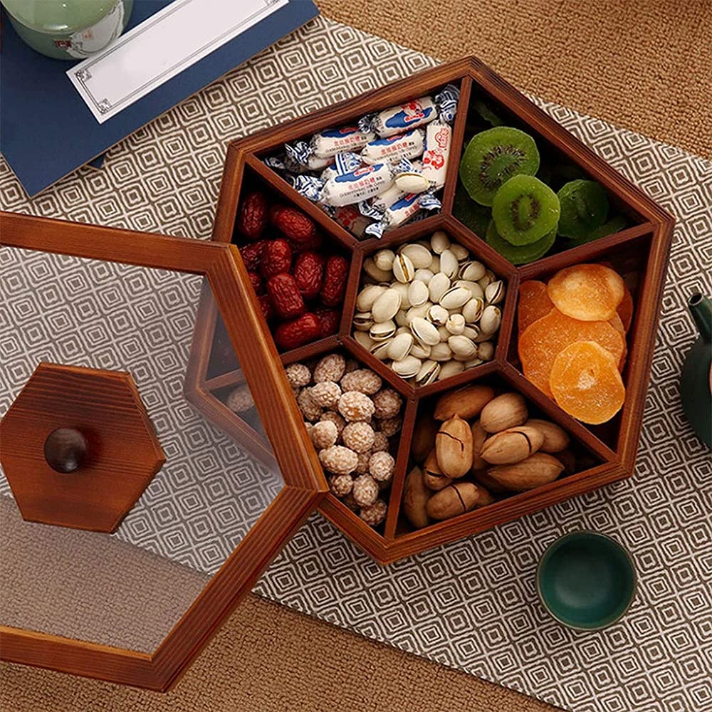 CRUHRE Decorative Fruit Basket Wooden Candy Box With Lid Nut Dried Fruit Display Plate Tray Snacks Box Storage Organizer For Home Party Fruit Bowl