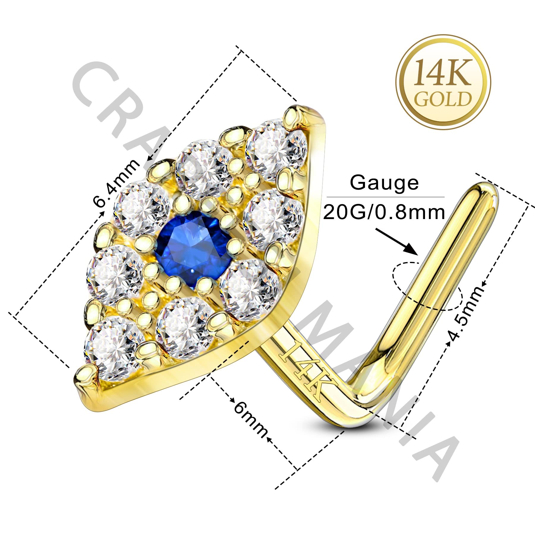 CM Crareesi Mania 14K Gold Nose Ring 20Gauge EviL Eye Nose Studs 14k Solid Gold Nose Stud L Shaped Nose Rings Nose Piercing Jewelry