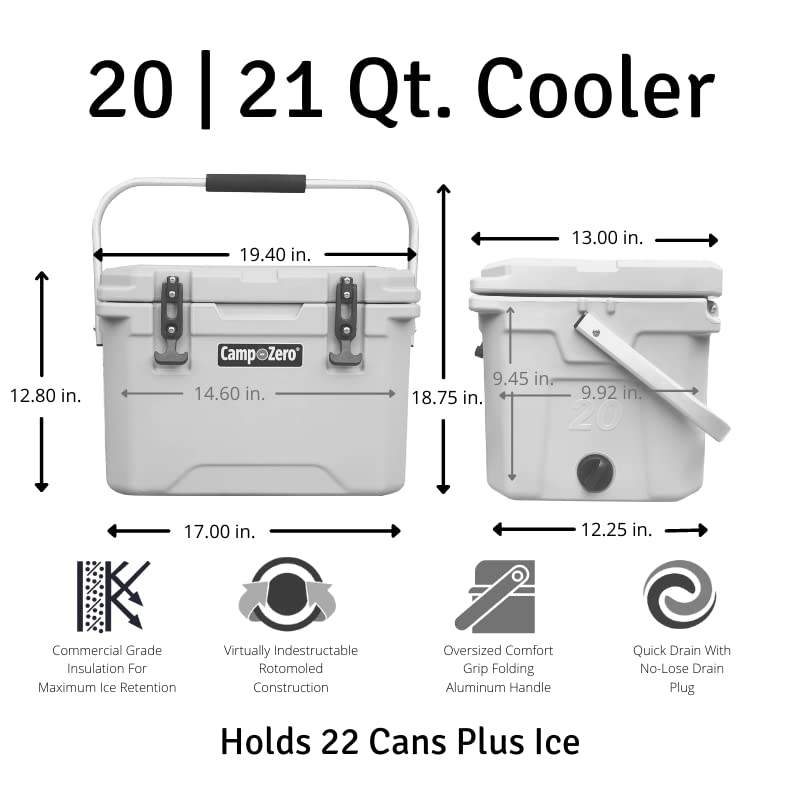 CAMP-ZERO 20L | 21.13 Quart Premium Cooler with 4 Molded-in Cup Holders & Folding Aluminum Handle | Thick Walled, Freezer Grade Cooler w/Secure Locking System & Tie Down Channels (Black Swirl)