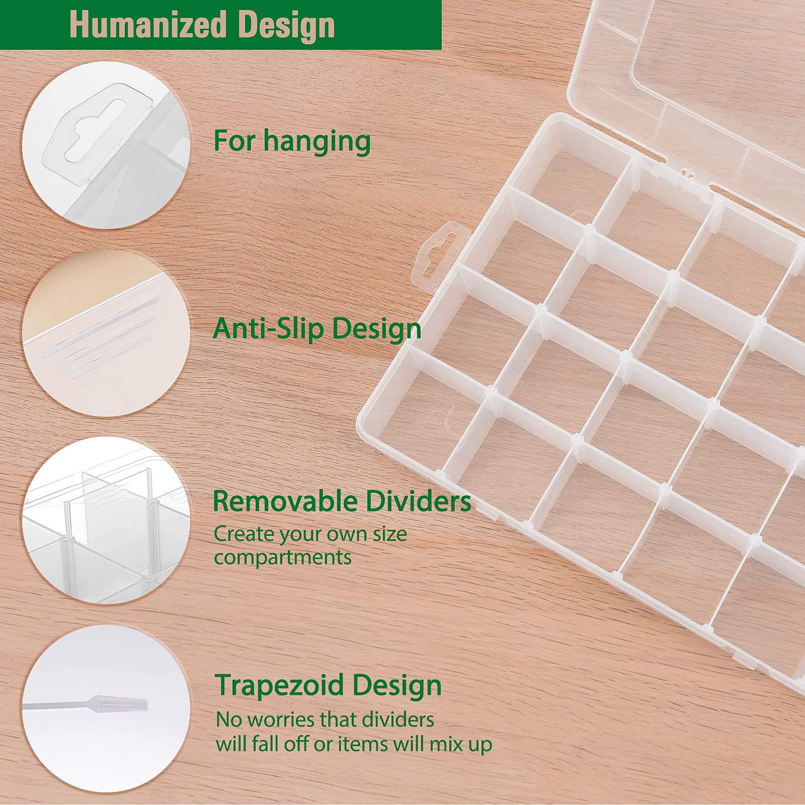 iBune 2 Pack 24 Grids Large Plastic Compartment Container for Washi Tape, Bead Storage Organizer Box Case with Removable Dividers for Craft Tackles Tools, Size 13.1 x 8.7 x 2.1 in, White