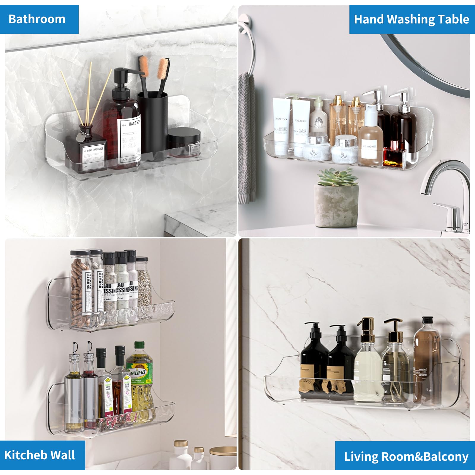 FEPTUASE Acrylic Shower Shelves, Clear Bathroom Shelves, Wall Mount Organizer, No Drilling Transparent, Self Adhesive Shower Caddy for Bathroom & Kitchen Storage (12.6" x 4.33" x 3.54")