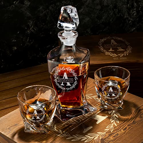 Personalized Whiskey Decanter and Stones Set - Customized Gift for Him - Men, Dad, Father - Engraved Twisted Whiskey Decanter, 2 XL Glasses, 2 XL Balls, 2 Coasters, Tongs, Pouch in Wooden Gift Box