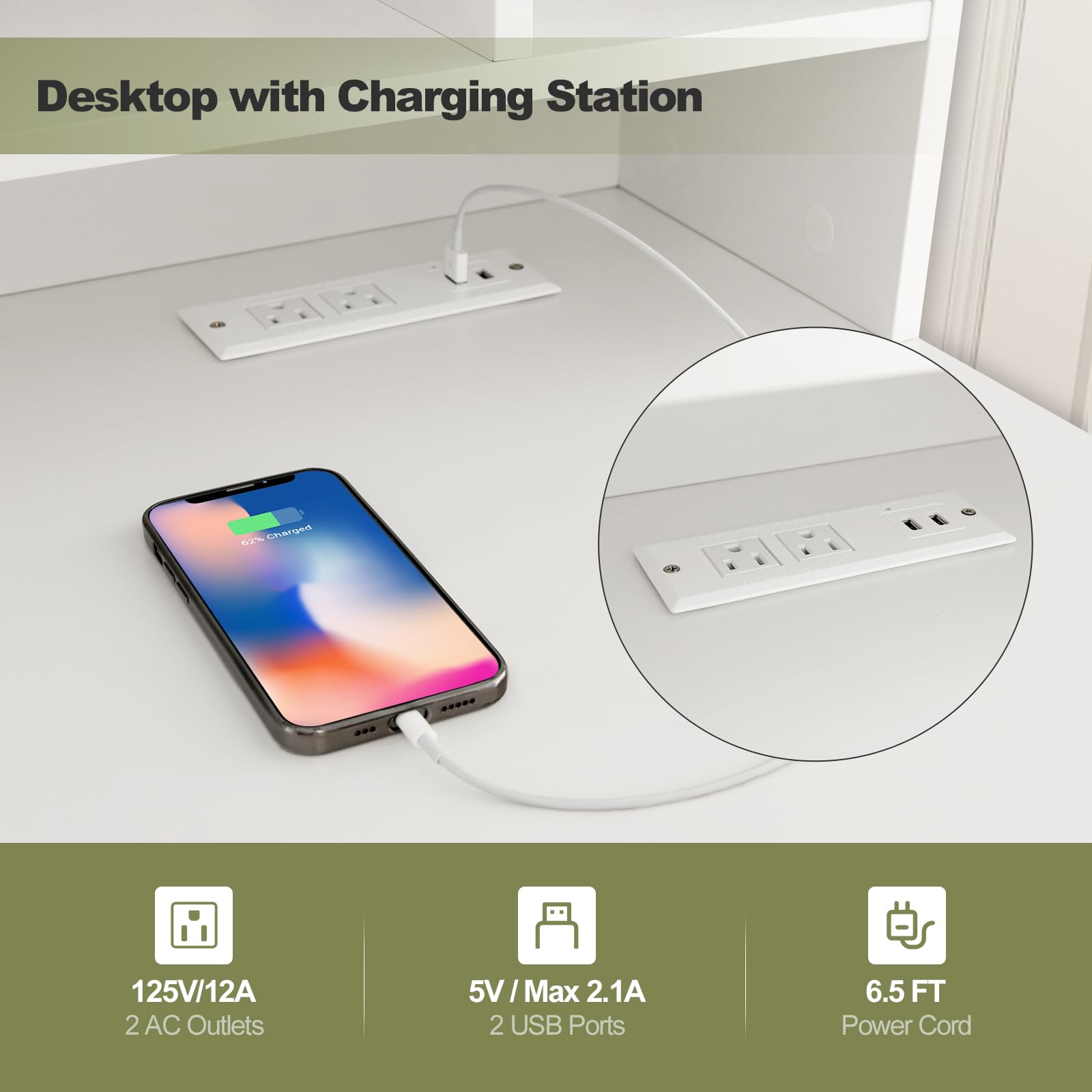 GLOBALWAY48β Computer Desk, Study Writing Desk with 5-Cube Hutch, 2 Drawers & Charging Station, Home Office Workstation for Living Room, Study & Bedroom, White