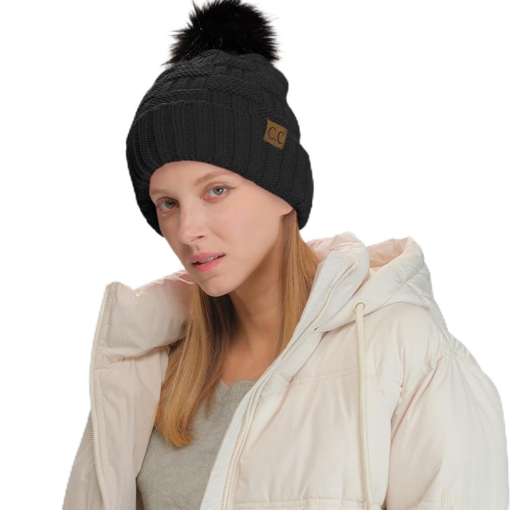 CC Beanie Fleece Lining Double Ribbed Basket Weave Knitted Stretch Pom Beanie Hat