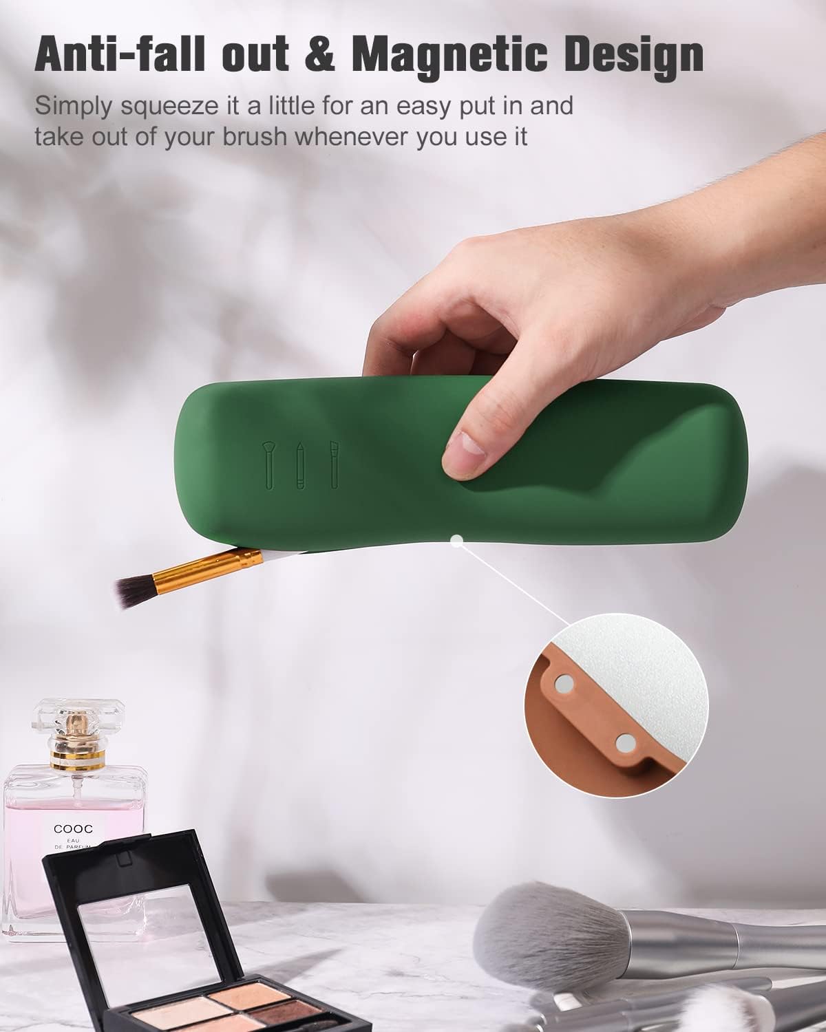 FERYES Makeup Brush Holder, Magnetic Anti-fall Out Silicon Portable Cosmetic Face Brushes Holder, Soft and Sleek Makeup Tools Organizer for Travel- Green