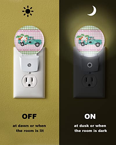 Happy Easter Truck Bunny Night Lights Plug into Wall, Pink Green Buffalo Blue Auto Round LED Lights with Dusk to Dawn Sensor for Bedroom, Bathroom, Hallway, Kitchen, Kids, Home Decor