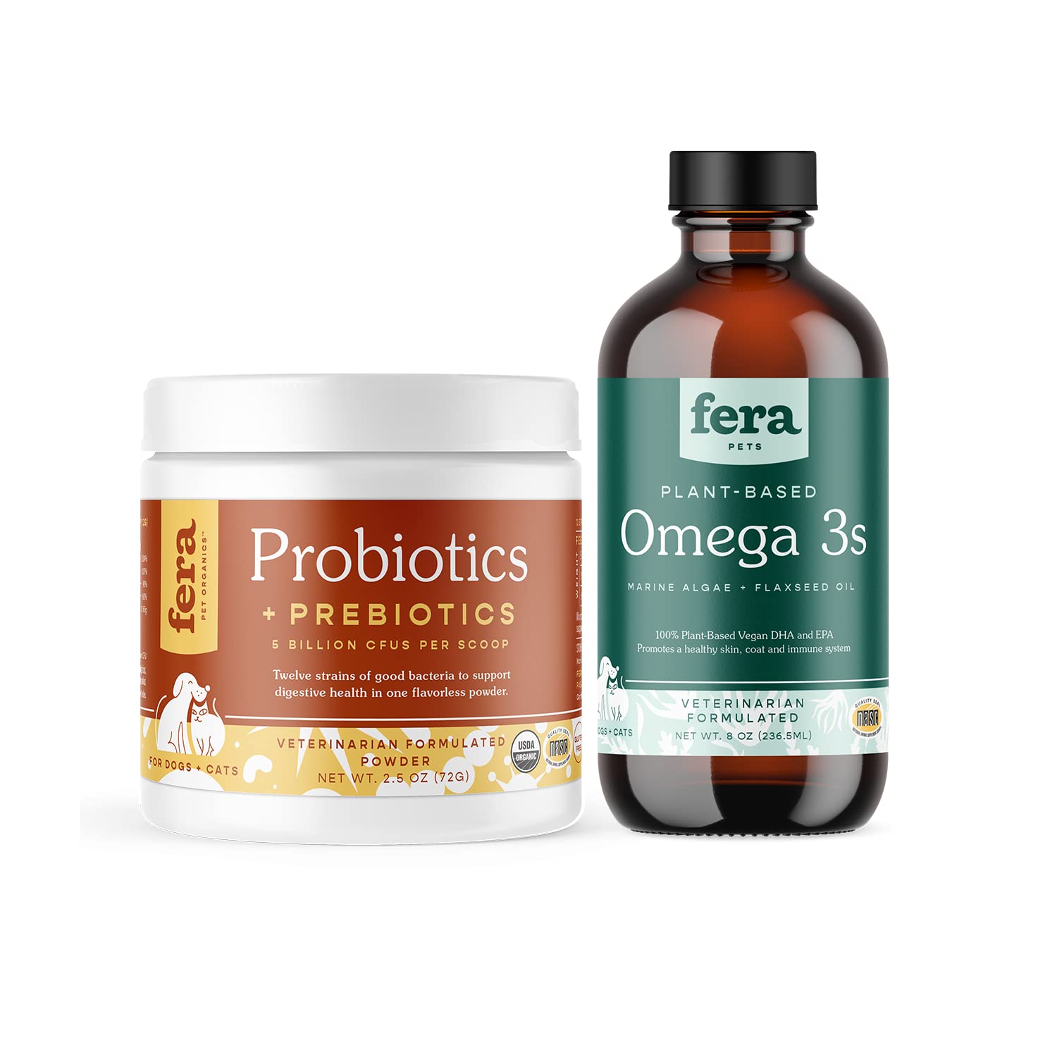 Fera Pets Probiotics and Plant Based Omega 3s, 6, 9 Bundle for Dogs and Cats β All Natural Probiotic Powder with 5 Billion CFUs Per Scoop β Omega 3s for Healthy Skin, Coat, and Immune System (8oz.)
