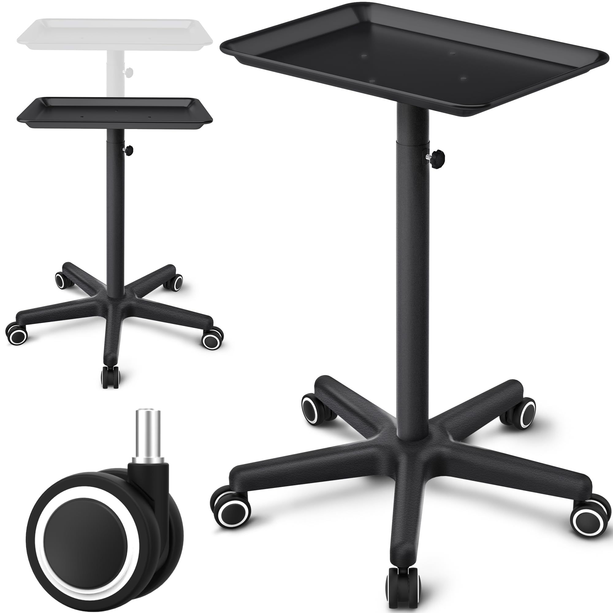TASALON Salon Tray on Wheels, Adjustable Salon Rolling Tray for Hairstylist Must Haves, Aluminum Tattoo Tray with Wheels, Black Salon Trolley Cart for Beauty, Tattoo Supplies, Salon Equipment