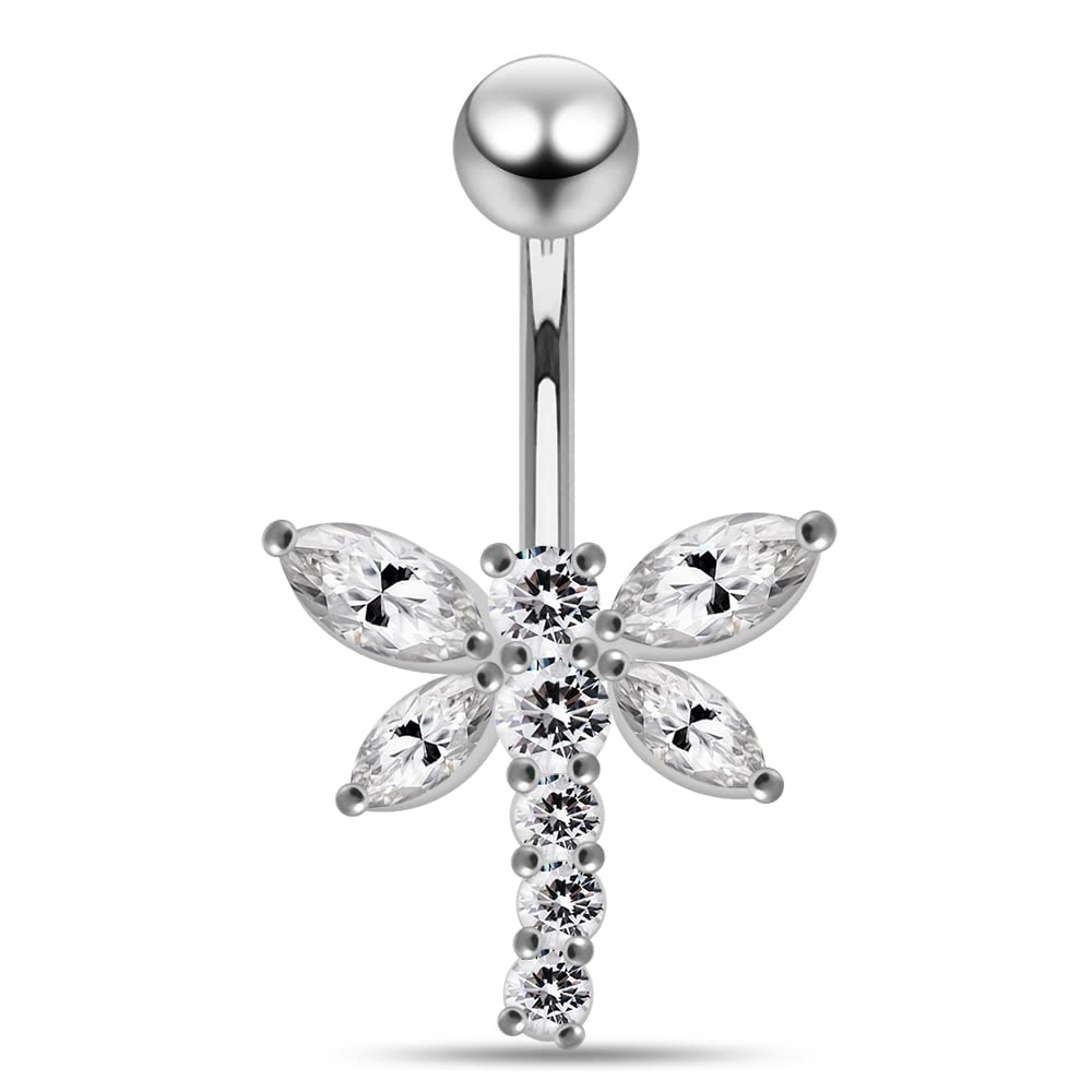 Clear CZ Stone Dragonfly Design 925 Sterling Silver Belly Button Piercing Ring Jewelry
