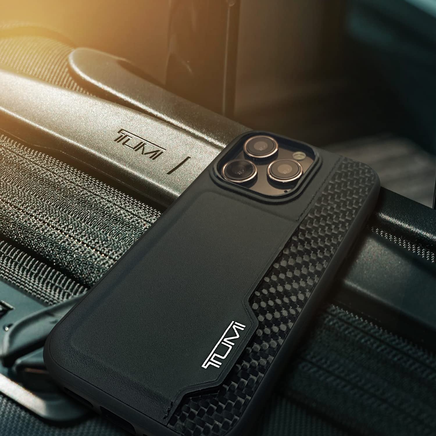 CG MOBILE TUMI Phone Case for iPhone 14 Pro in Black Aluminum with Vertical Card Slot, HC Leather Protective, Durable Case with Easy Snap-on & Shock Absorption