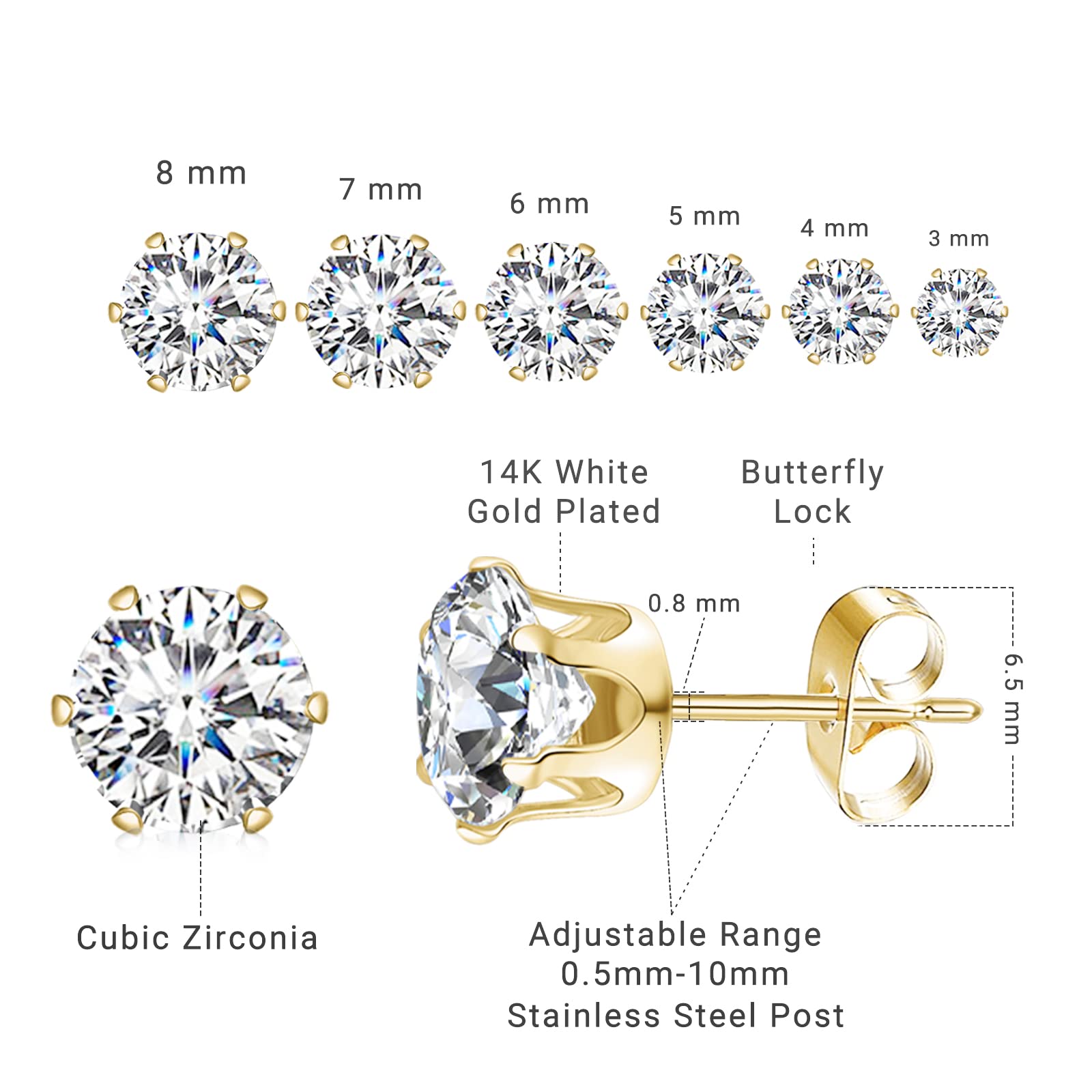 ComaZoo 14K Gold Stud Earrings for Women Men, Hypoallergenic Stainless Steel Stud Earrings Set with Simulated Diamond Cubic Zirconia 3-8mm (6 Pairs)… (white gold with balck CZ)