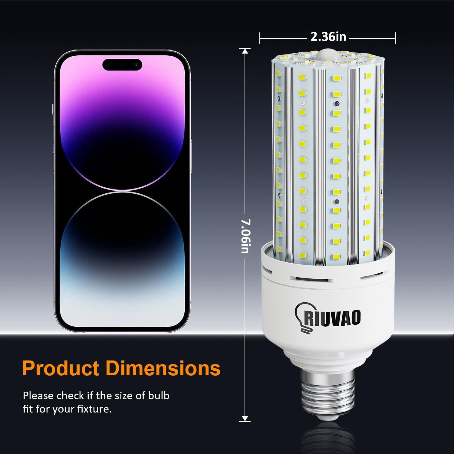 RIUVAO Motion Sensor Light Bulbs 60W(500W Equivalent E26 5000K, Motion Activated Dusk to Dawn Led Corn Light Bulb for Porch Basement Garage, Sensing and Always-ON Two Working Mode Selection