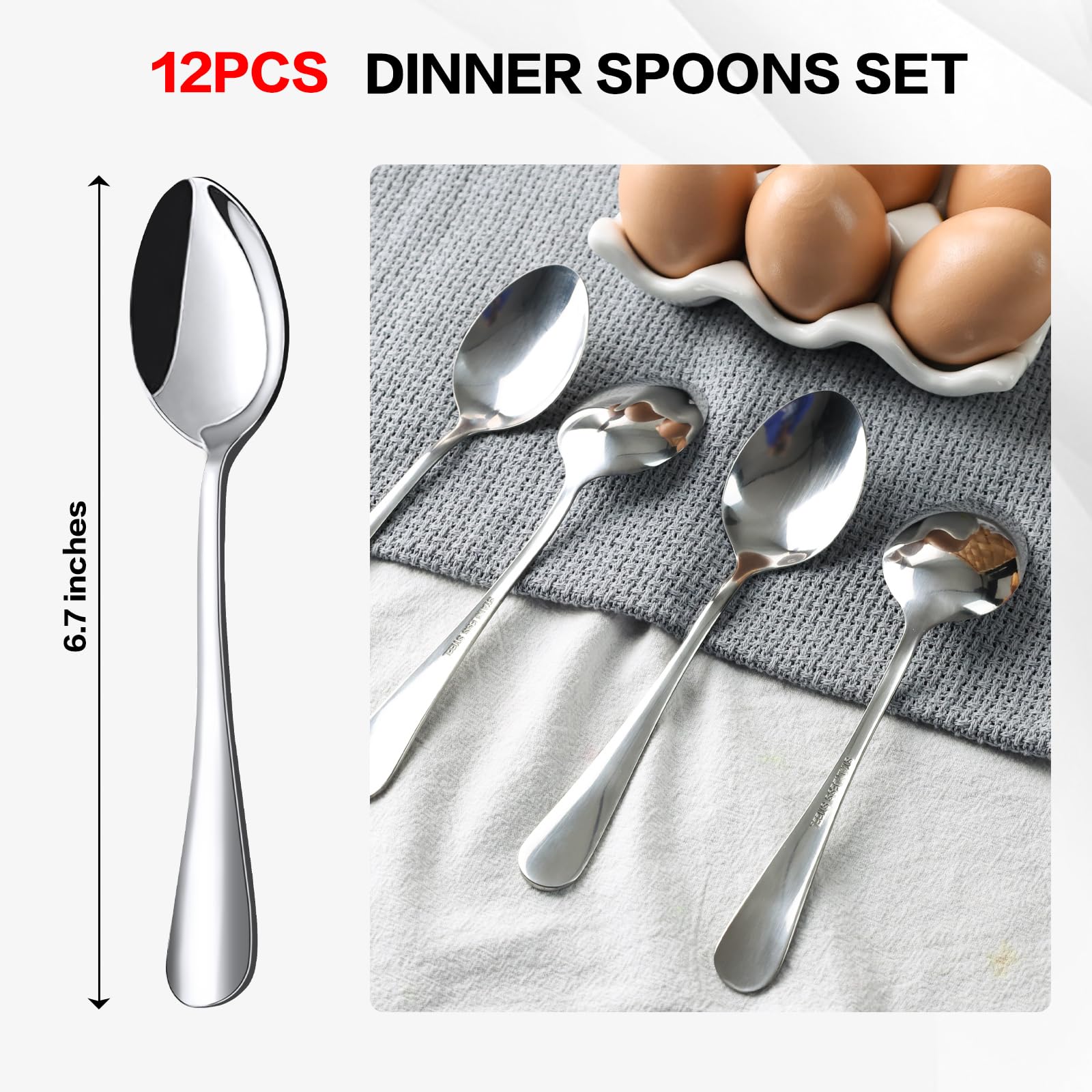 HANSGO 8PCS Dinner Spoons Set, 7.3inch Food Grade Stainless Steel Spoons Silverware Tablespoons for Home Kitchen Restaurant Dishwasher Safe