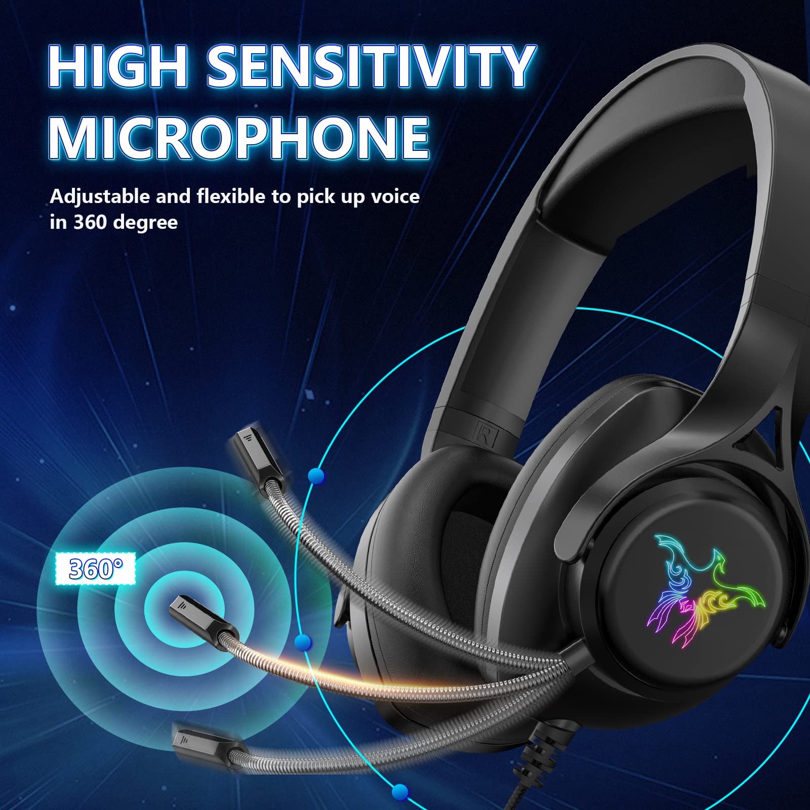 Combatwing Gaming Headset for PC with 7.1 Surround Deep Bass, 360 ° Adjustable Noise Canceling Microphone, LED Light and Memory Ear Guests, Gaming Earphone with Microphone for PS4 PS5 PC