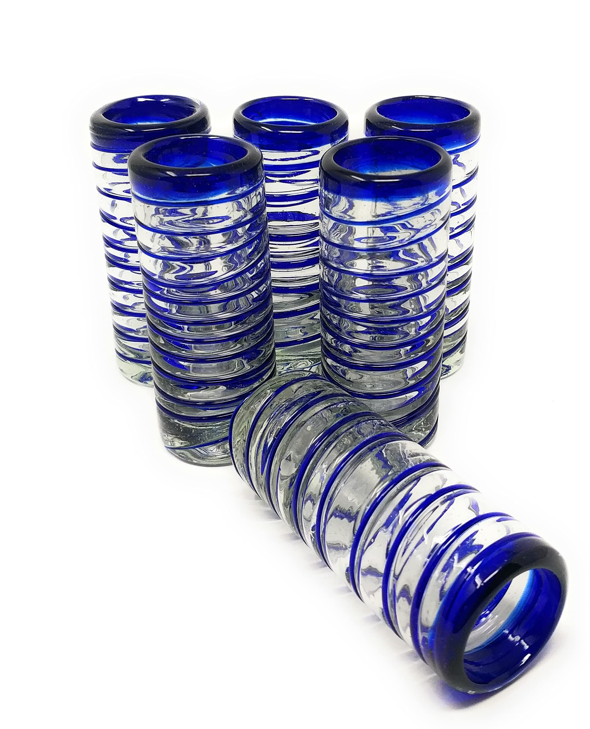 Dos Sueños Hand Blown Mexican Tequila Shot Glasses – Set of 6 Blue Spiral Tequila Shot Glasses (2 oz each) …