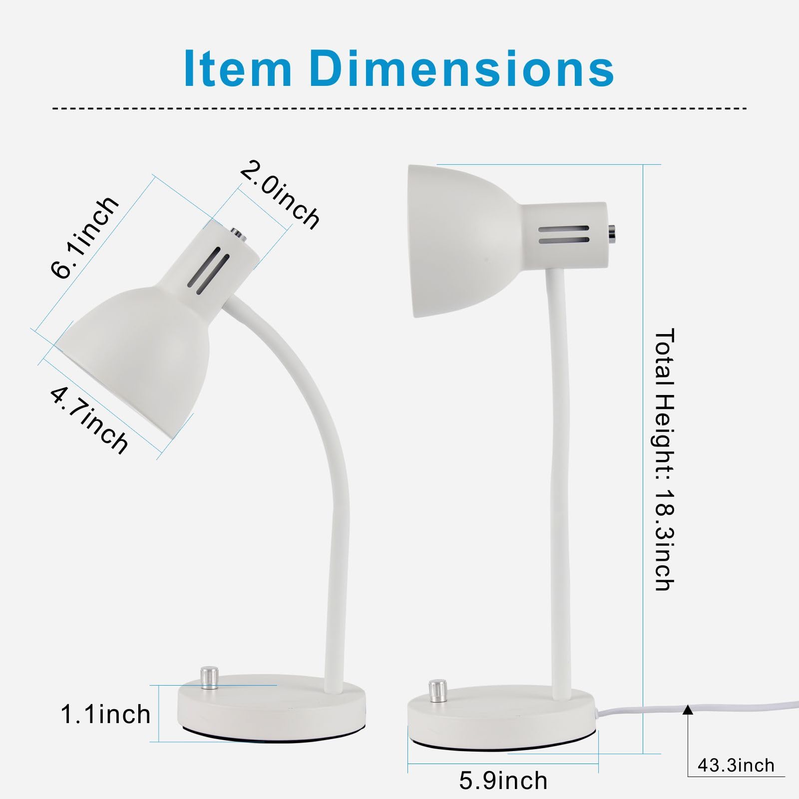 chaotack Metal Small White Desk Lamp,Adjustable Goose Neck Desk Lamps for Home Office Study Room Desks Bedroom Bedside Table Lamp with Free 7W LED Bulb,Eye-Caring Reading Lamps