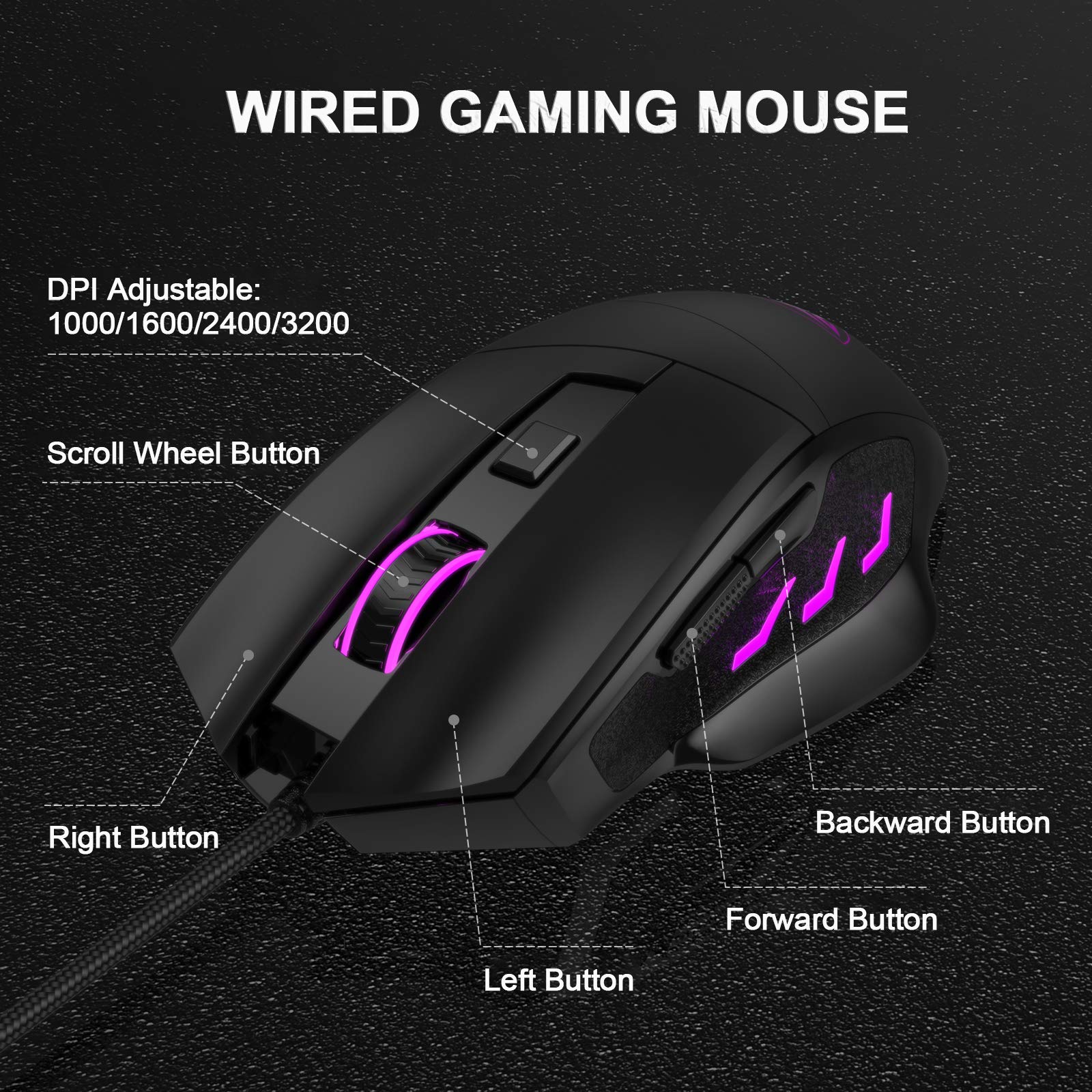 CP3 Wired Gaming Mouse 3200 DPI Adjustable Computer Mouse 6 Buttons PC Gaming Mice with 4 LED lighting for Desktop Laptop and PC, Compatible with Windows 7/8/10/XP Vista Linux