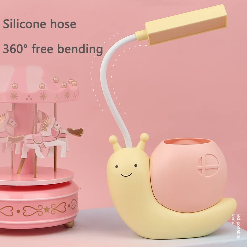 Cute Kids Lamp with Pen Holder,LED Desk Lamp for Child,Snail Shape USB Charging Student Learning Eye Protection Lamp with 360° Bendable Adjustable Neck Pink