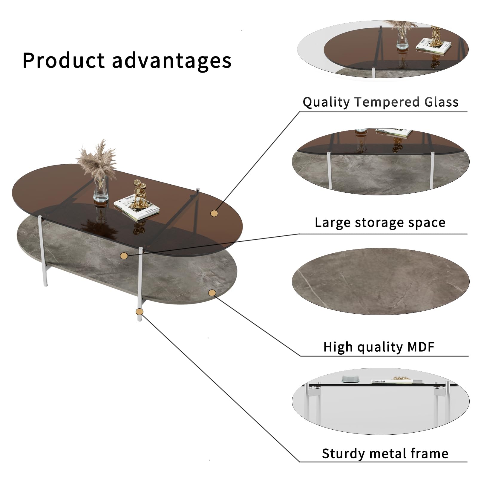 jiexi Tempered Glass & MDF Wood Coffee Table, 2-Tier Modern Side Table with Storage Space, Center Table for Home, Office, Living Room