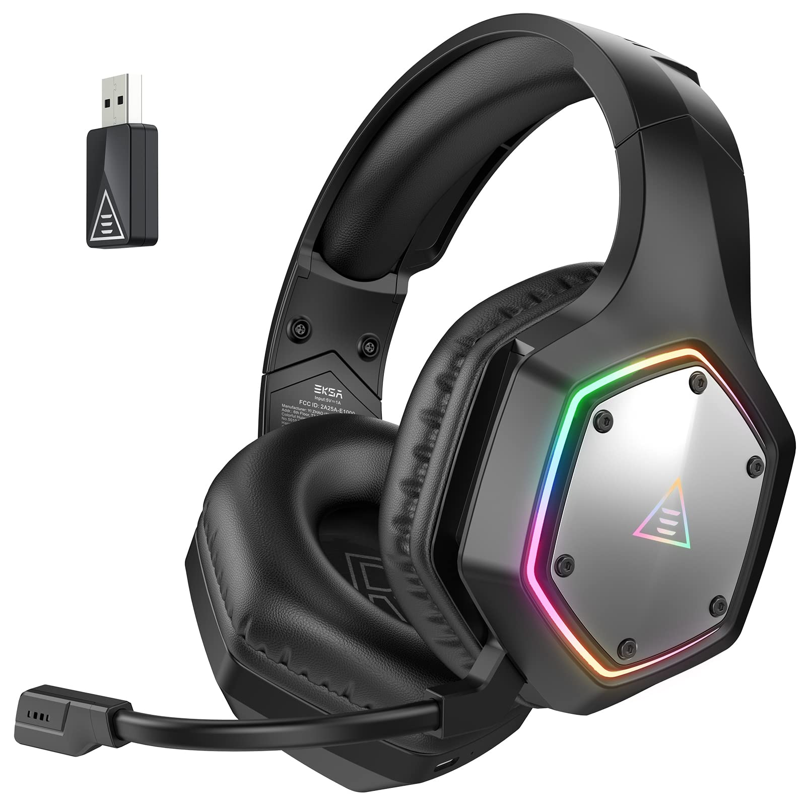 EKSA USB Wireless Headset for PC PS4 PS5-7.1 Surround Sound, Noise Cancelling Microphone, 36 Hour Battery, 2.4G USB Dongle, Game/Music Mode, Gaming Headphones for Computer, Laptop (E1000WT)