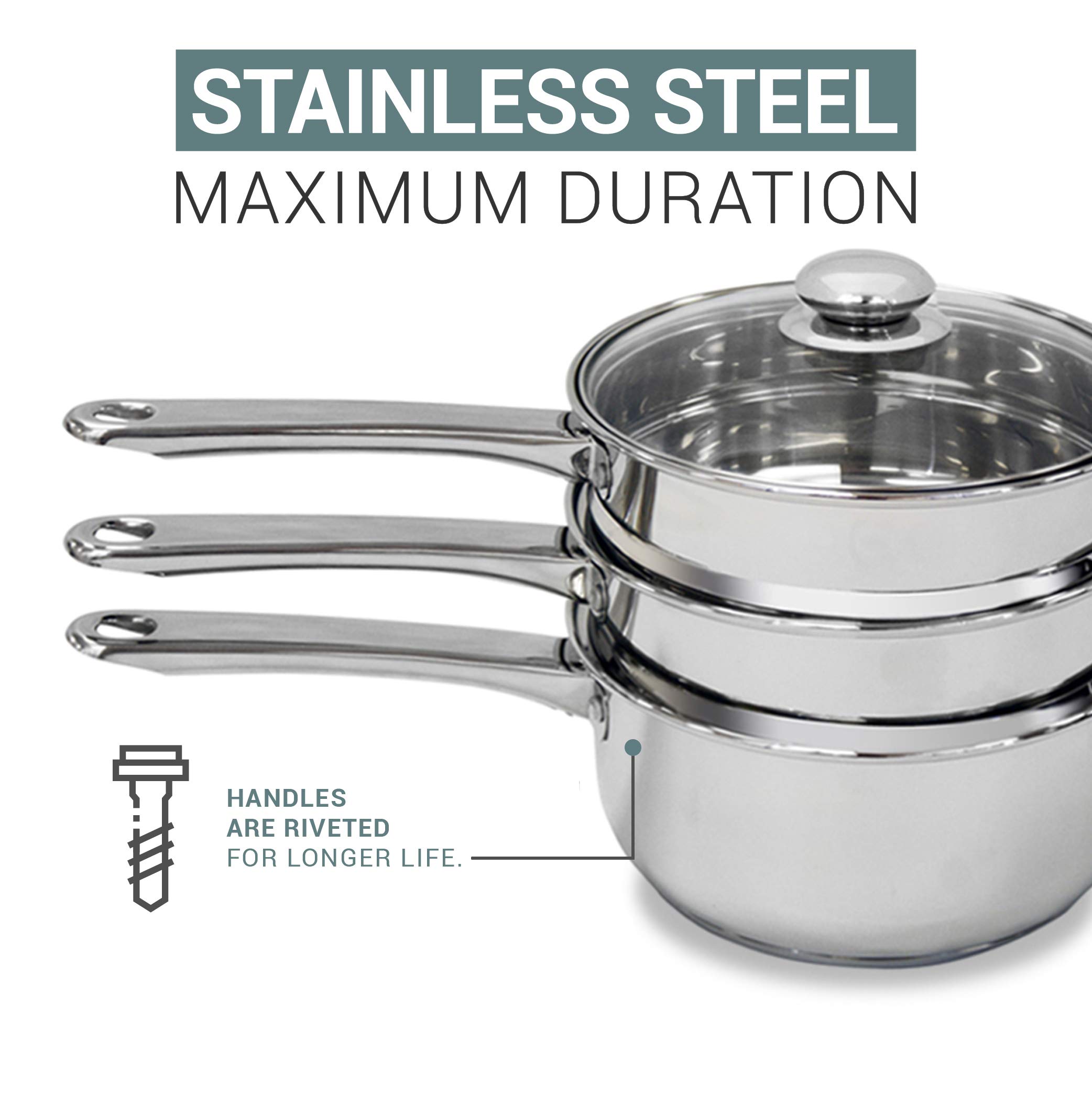 Double Boiler & Steam Pots for Chocolate and Fondue Melting Pot, Candle Making, Stainless Steel Steamer with Tempered Glass Lid for Clear View while Cooking, Dishwasher (3 Qts & 4 Pieces)