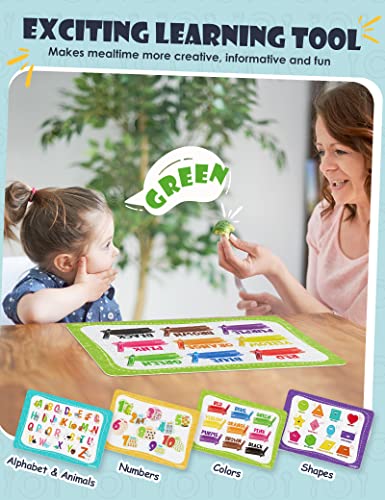NiBaby Kids' Non Slip Educational Placemats Set of 4 Washable, Children's Interactive Placemats Foldable, Toddler Placemats for Learning Alphabet, Numbers, Shapes, Colors- Durable Reusable PU Leather