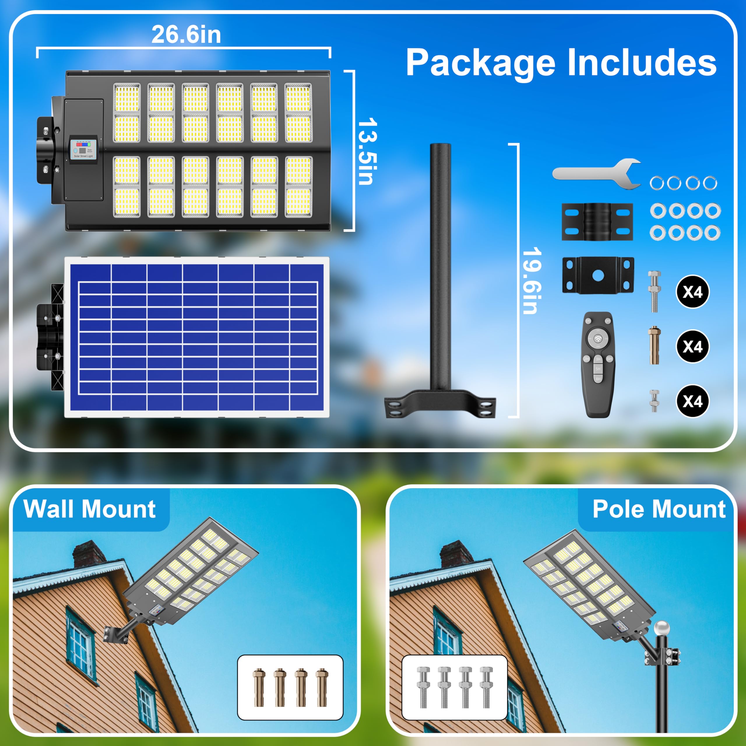 Jadisi 1-Pack Solar Parking Lot Lights,4800W Solar Street Light 240000LM Dusk to Dawn Street Lights Solar Powered, IP67 Waterproof Solar Wide Angle Lamp with Motion Sensor for Yard, Road