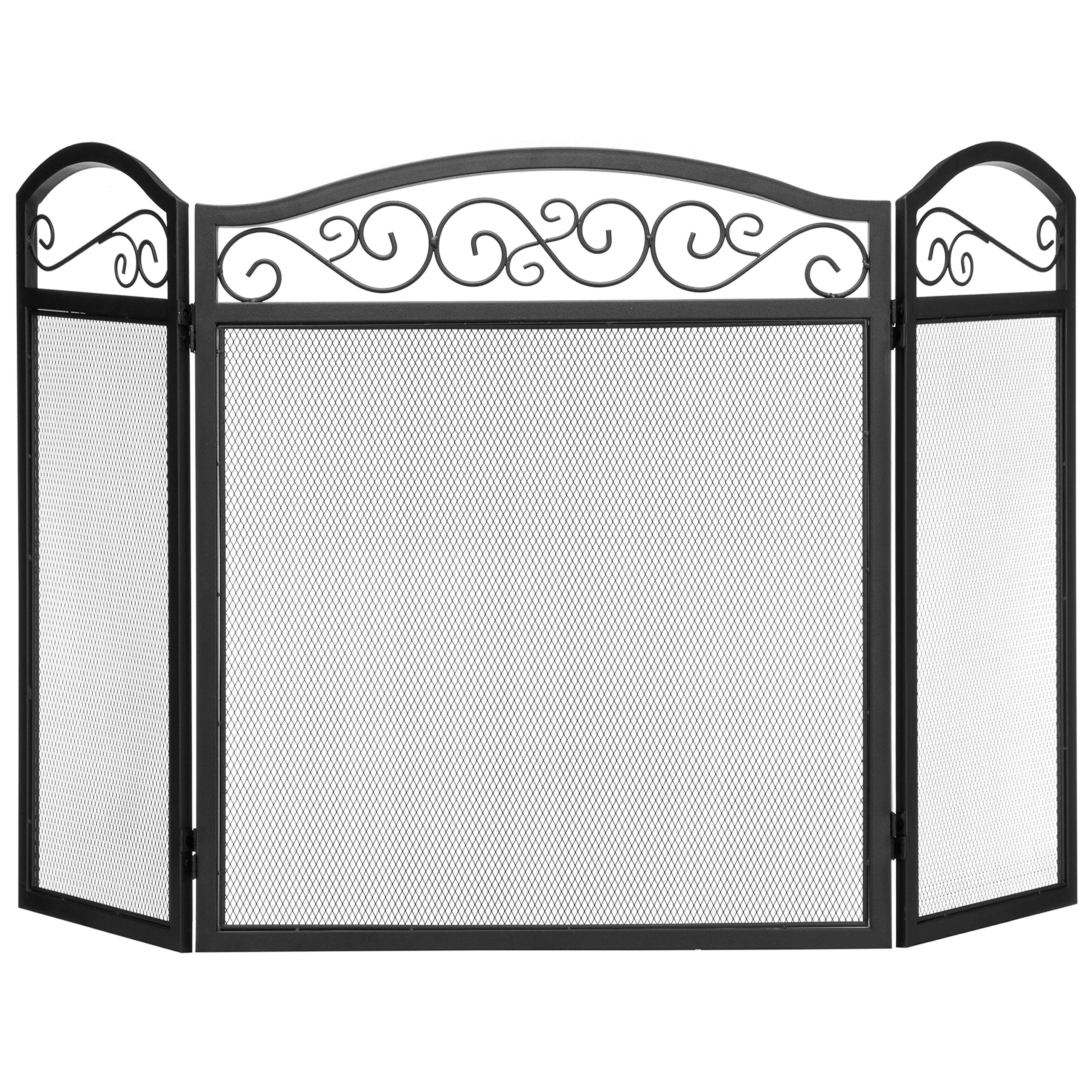 MyGift Black Wrought Iron 3 Panel Arched Fireplace Screen, Metal Mesh Screen Fire Spark Guard for Indoor Fireplace with Decorative Scrollwork Design