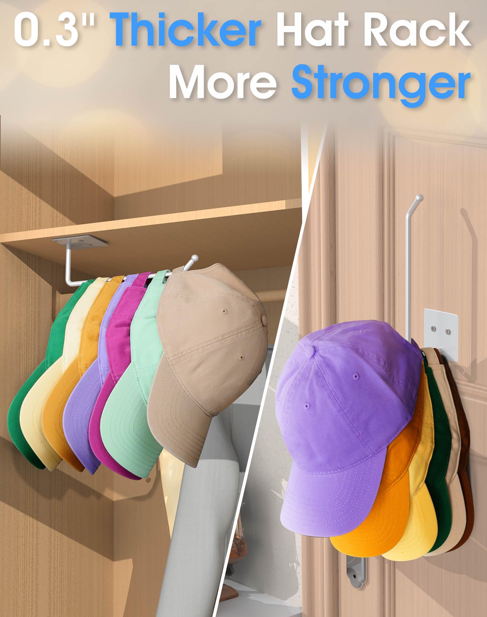 Ginyoyo 8 Inch Hat Rack, 2 Pcs Stainless Steel Hat Organizer for Baseball Caps, Hat Hooks for Wall, Adhesive/Drilling Hat Holder Storage Organizer for Wall Closet Door, Black