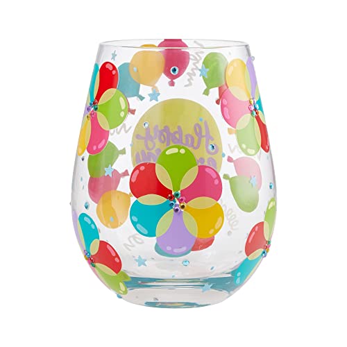 Enesco Designs by Lolita Happy Birthday Balloons Artisan Hand-Painted Stemless Wine Glass, 20 Ounce, Multicolor
