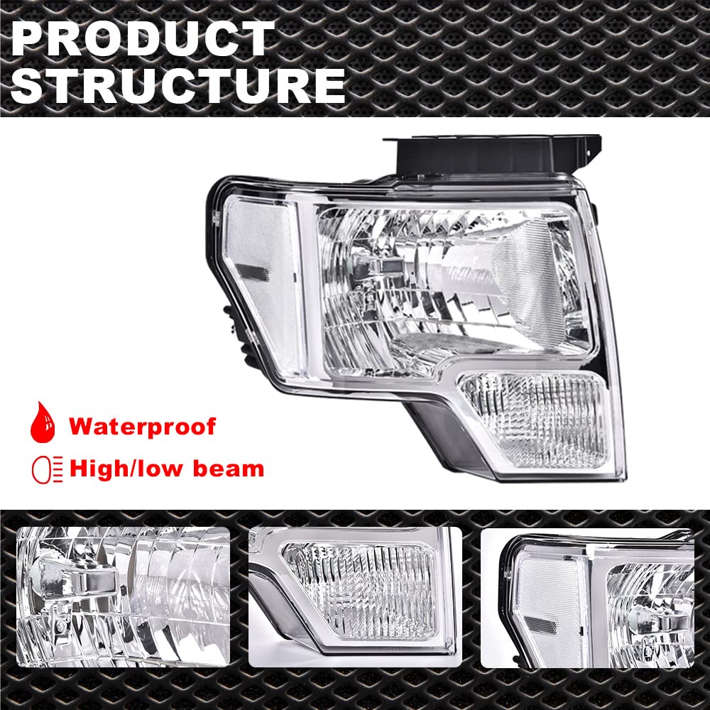 CNNELL Headlights Compatible with 2009 2010 2011 2012 2013 2014 Ford F150 Replacement Headlamps Pair Left+Right Not fit LED style,Only fit w/o LED style(Clear lens Chrome Housing Clear Reflector)