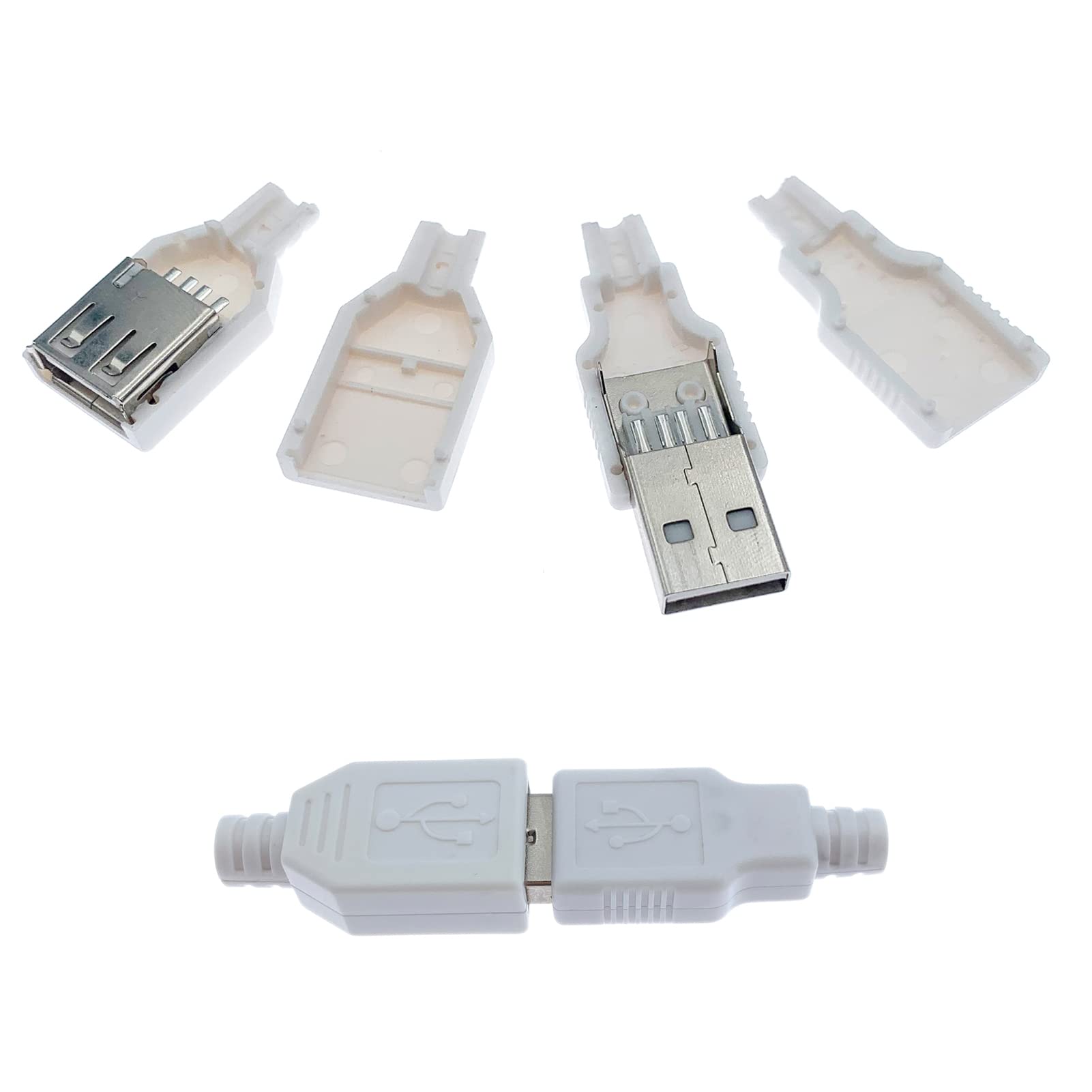 Teansic 20Set USB 2.0 Connector Type A Male & Female Port Socket with White Shell 4-Pin Plug Soldering DIY Connector