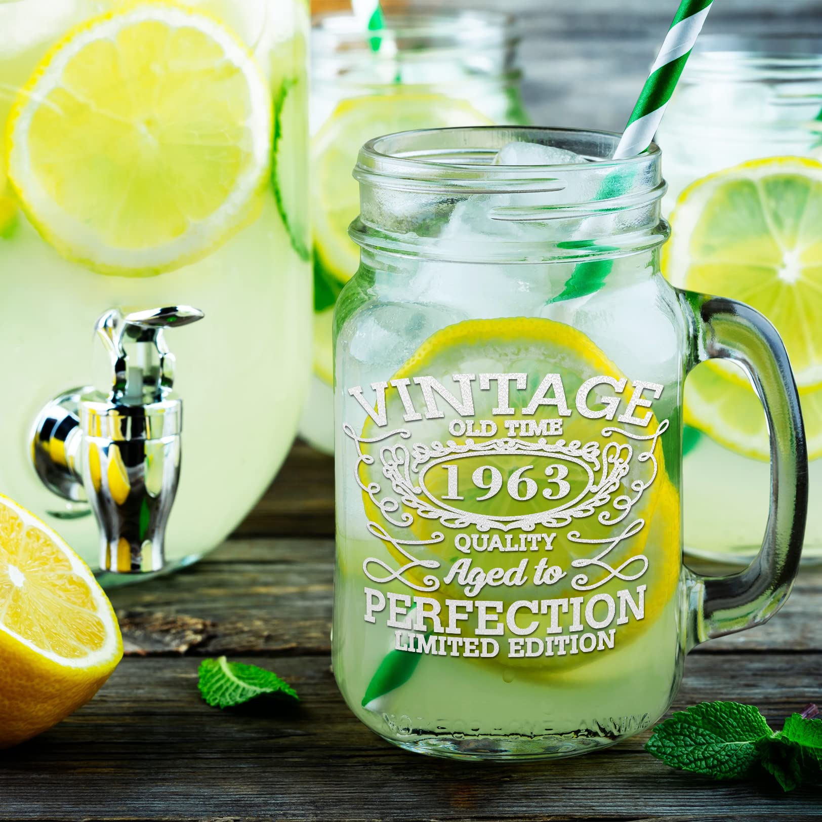 Cuptify 60th Birthday Gift for Women and Men Vintage 60 Years Old Time 1963 Etched Mason Jar Glass 16 oz Drinking Glasses with Handle
