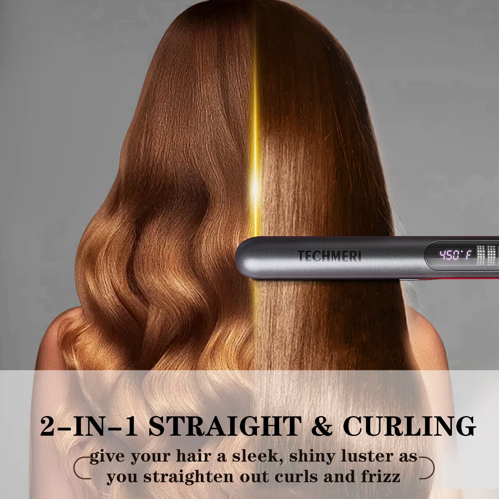 TECHMERI Hair Straightener, Flat Iron and Curler 2 in 1, Ceramic, Ionic, 1 inch, 450F, Dual Voltage, Black