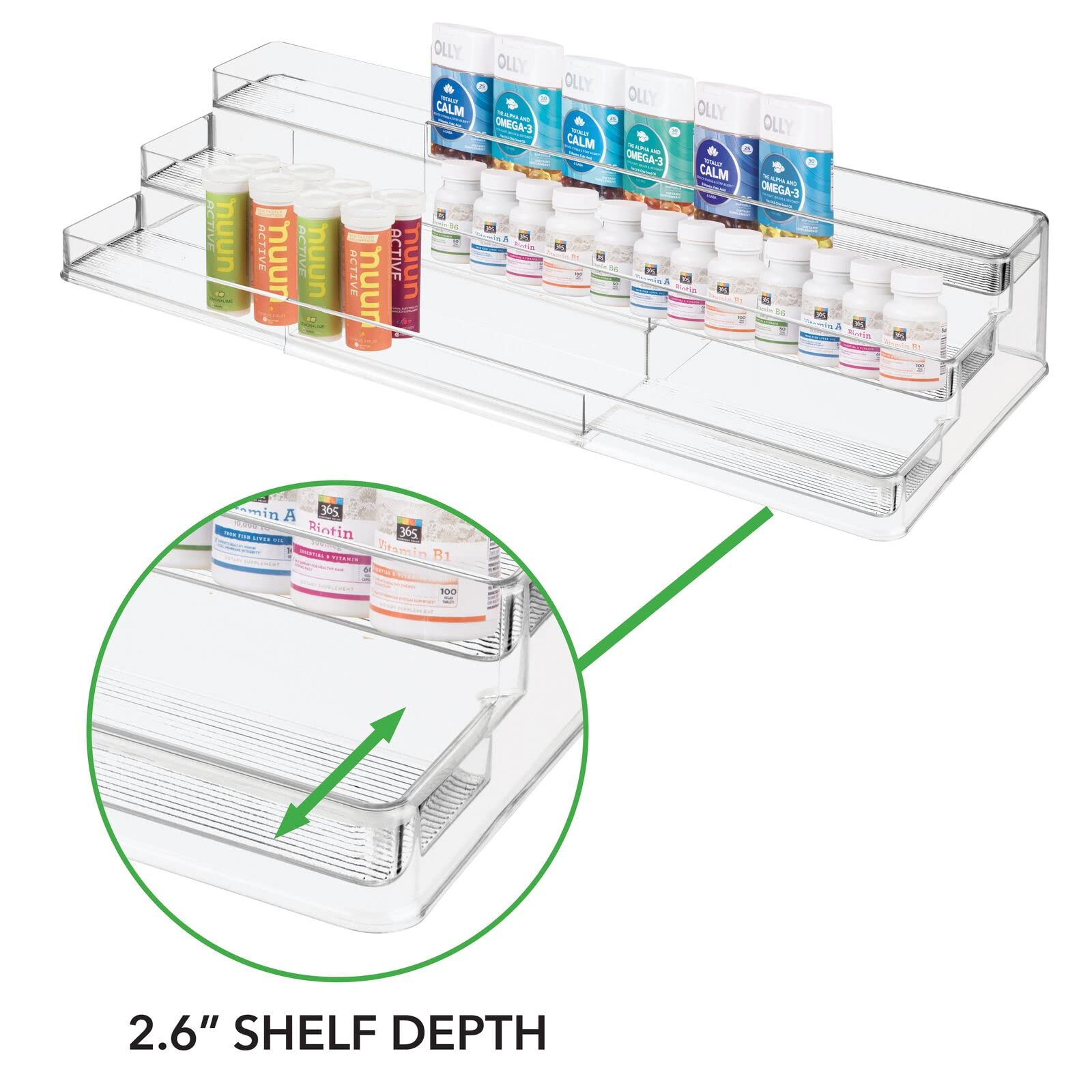 mDesign Large Adjustable, Expandable Plastic Vitamin Rack Storage Organizer Tray for Bathroom Vanity, Countertop, Cabinet - 3 Step Shelves - Holds Supplements, Medication - Clear