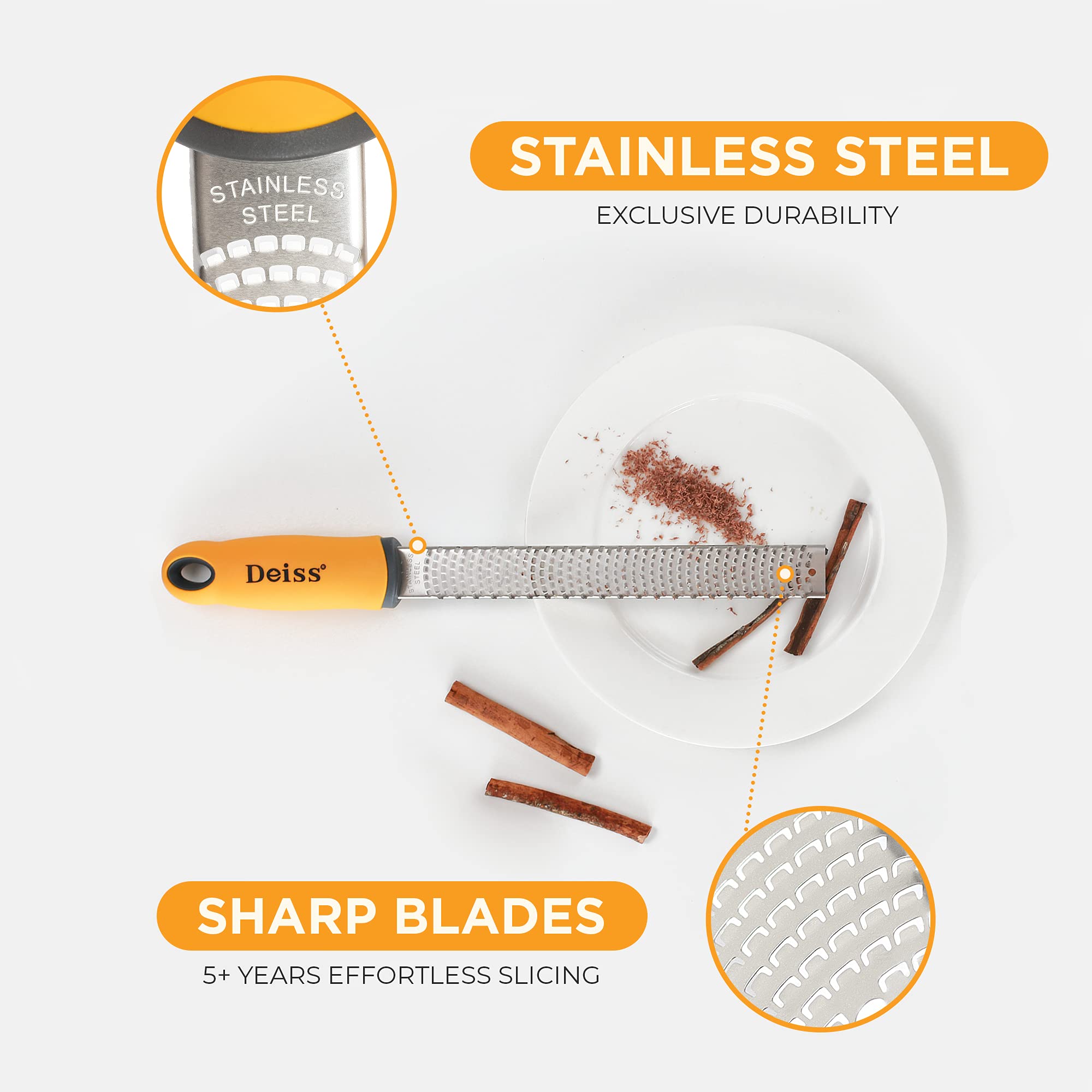 Deiss PRO Citrus Zester & Cheese Grater β Parmesan Cheese Lemon, Ginger, Garlic, Nutmeg, Chocolate, Vegetables, Fruits - Razor-Sharp Stainless Steel Blade, Wide, Dishwasher Safe