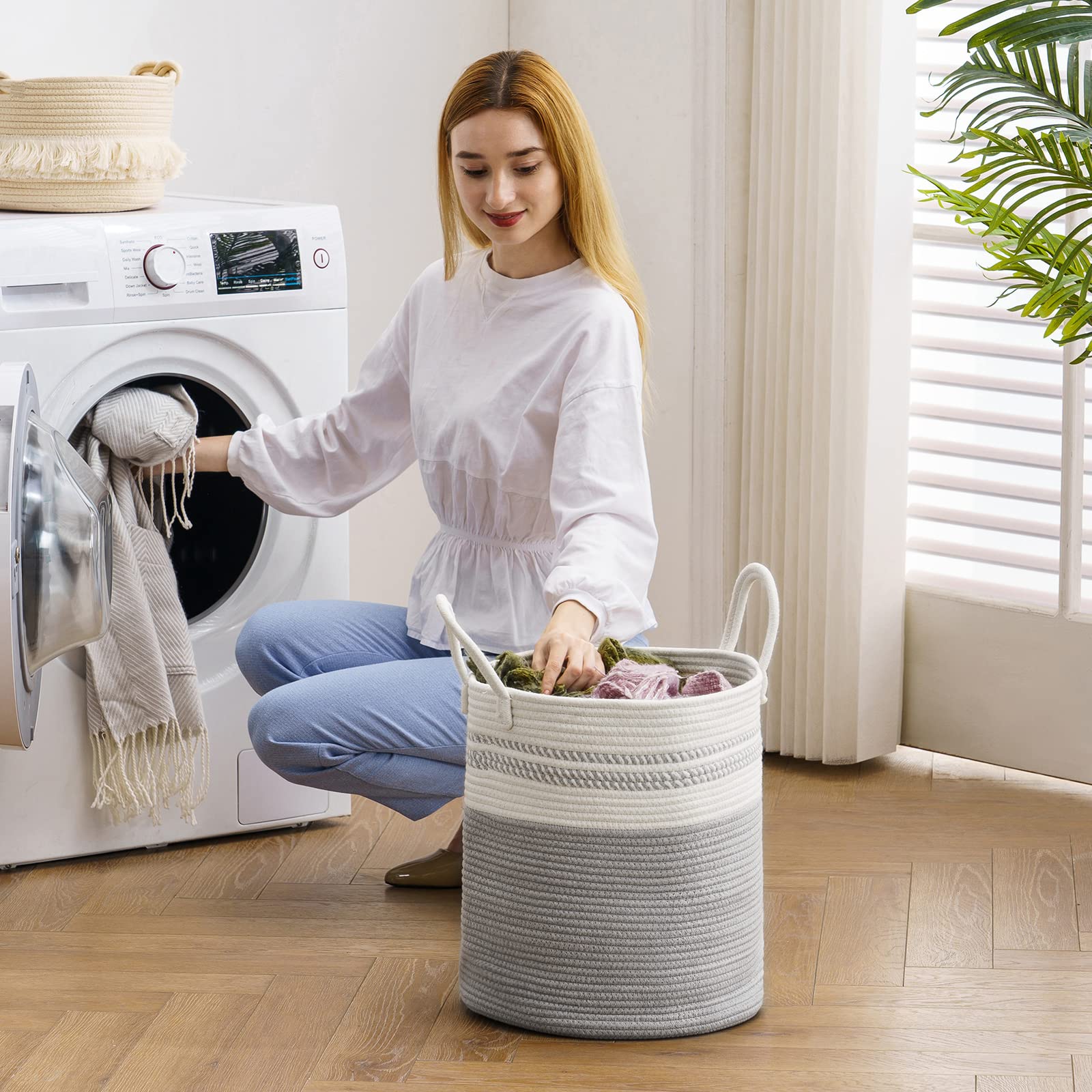 TECHMILLY Woven Rope Laundry Hamper Basket, Tall Laundry Basket Storage, Baby Nursery Hamper for Blanket, Clothes Hamper for Laundry in Bedroom and Living Room Organizing, Small, 42L, Grey