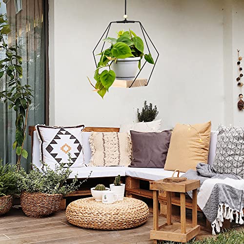 Kitypartsy Plant Hanger with Wood Base - Hanging Plant Holder, Hanging Planter/Pot for Indoor Plants Boho Macrame for Wall/Window/Room Decor, Black - Hexagon (Planter/Plants Not Included)