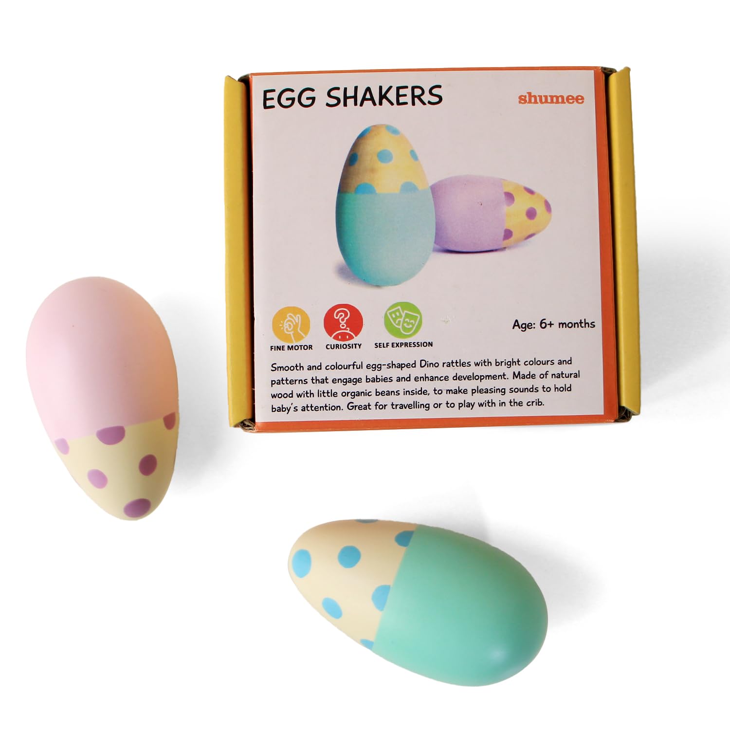 Shumee Wooden Egg Shakers for Babies (6 Months+) | Set of 2 Maraca Eggs (Teal & Purple Dots) | 8 cms | 100% Child Safe & Non Toxic | Musical Rattle Montessori Toy