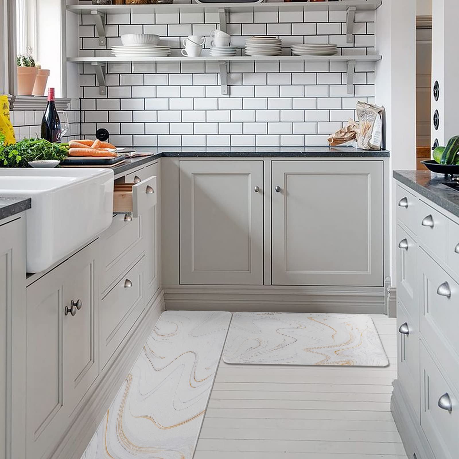 Debedcor Marble Kitchen Rugs and Mats Set of 2, Non-Skid White Bathroom Rugs, Washable Gold and Grey Kitchen Runner Floor Mat for Sink/Laundry Room/Office, 15.7"x23.6"+15.7"x47.2"