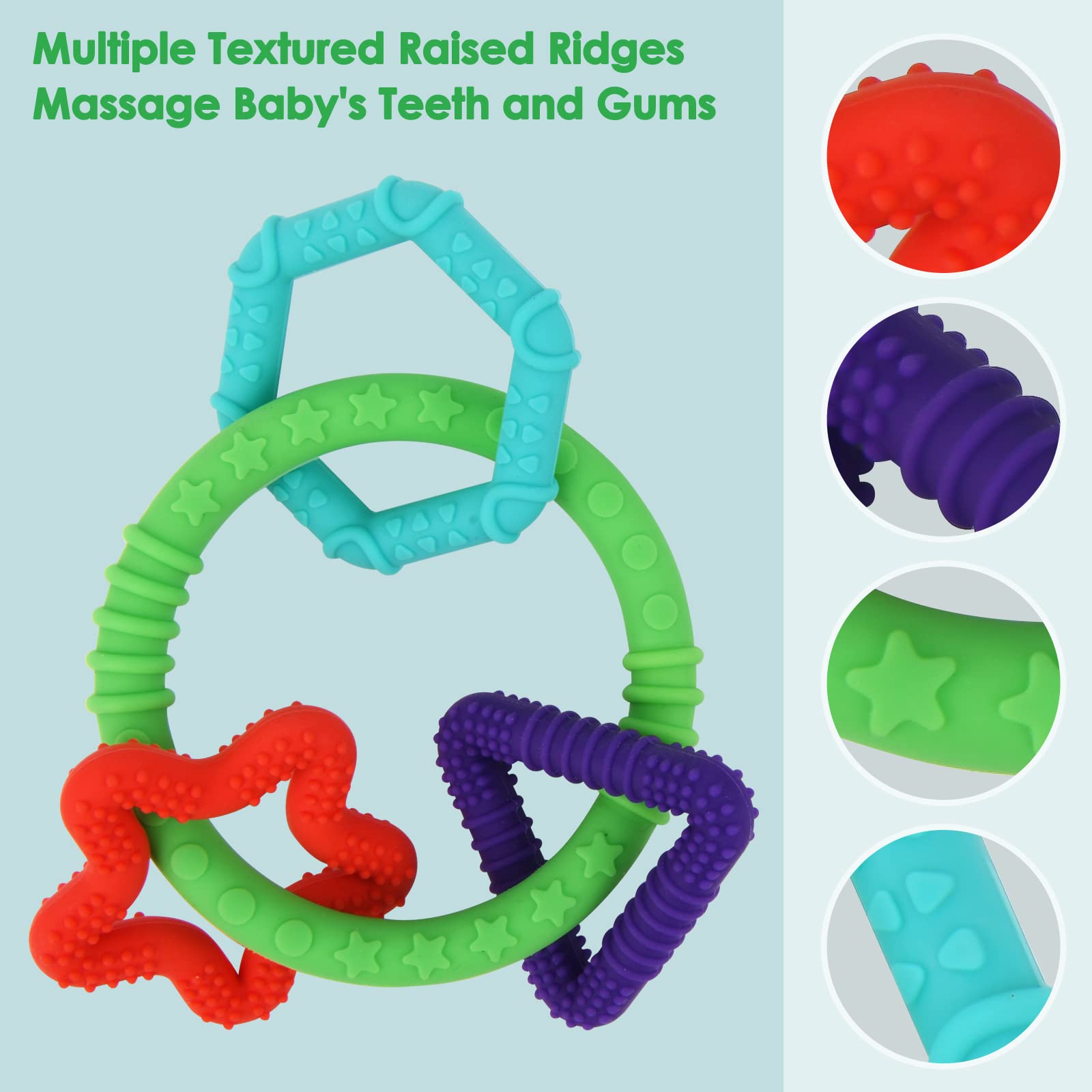 Teething Ring Toys for Babies 6+ Months, Btrfe Baby Soft Silicone Teether with Multiple Raised Textures, Teething Relief, Soothing Gums, Colorful Ring Geometry