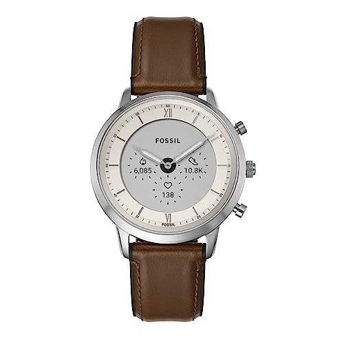 Fossil Men's Neutra Gen 6 Hybrid 44mm Stainless Steel and Leather Smart Watch, Color: Silver, Brown (Model: FTW7073)