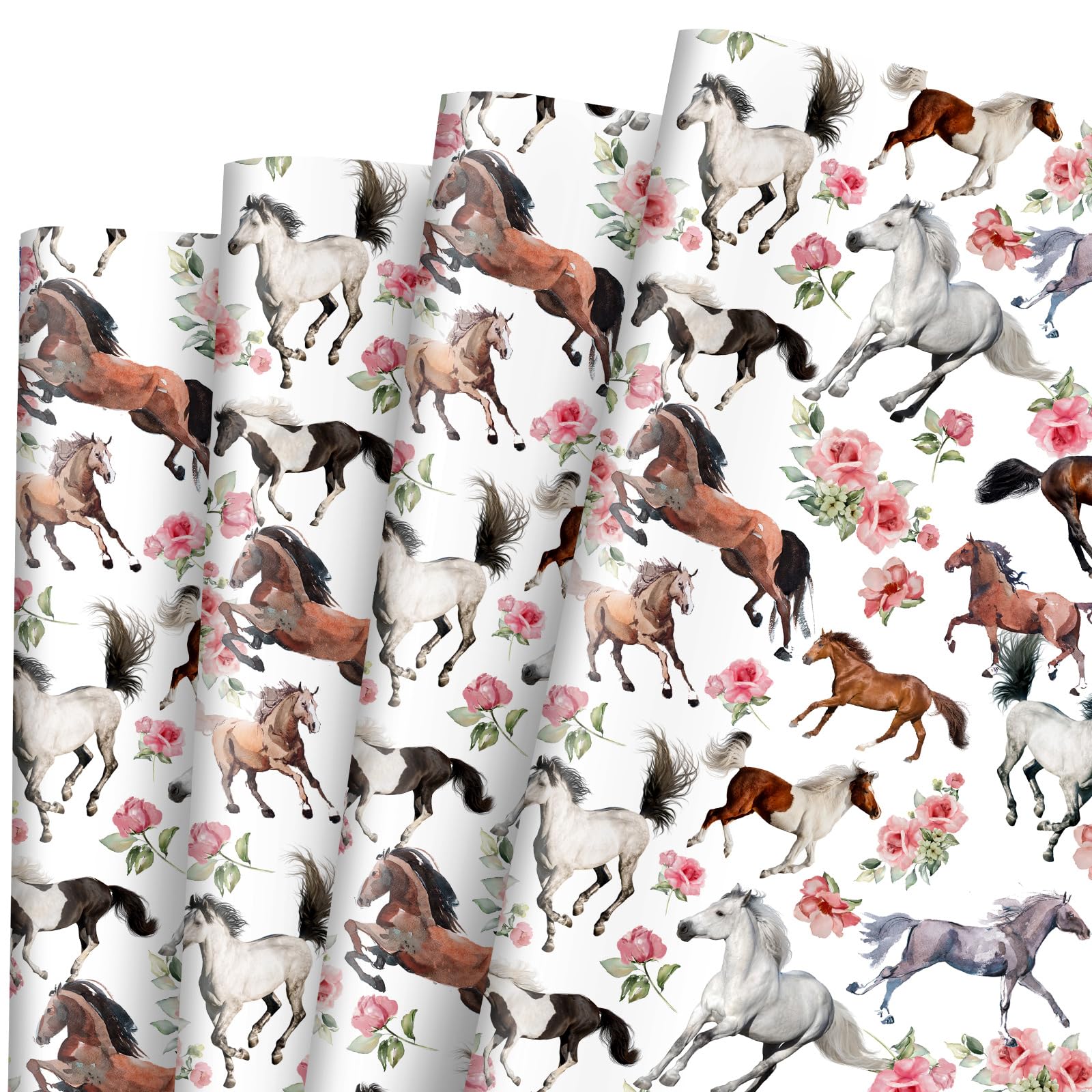 JarThenaAMCS Horse Floral Wrapping Paper -Not Roll- Watercolor Flower Horse Gift Wrap Paper Bulk 27.6 x 39.4 Inch Rustic Art Paper for Horse Racing Theme Party Gift Packing, Folded Flat, 6 Sheet